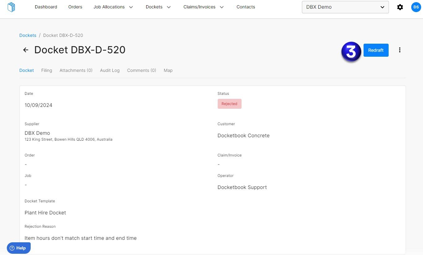 Update a Rejected Docket - Web View
